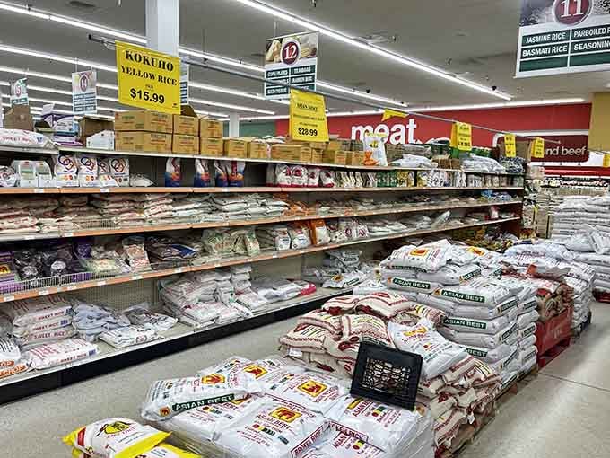 Rice varieties stacked like the world's most delicious library&mdash;each bag tells a different culinary story worth reading.