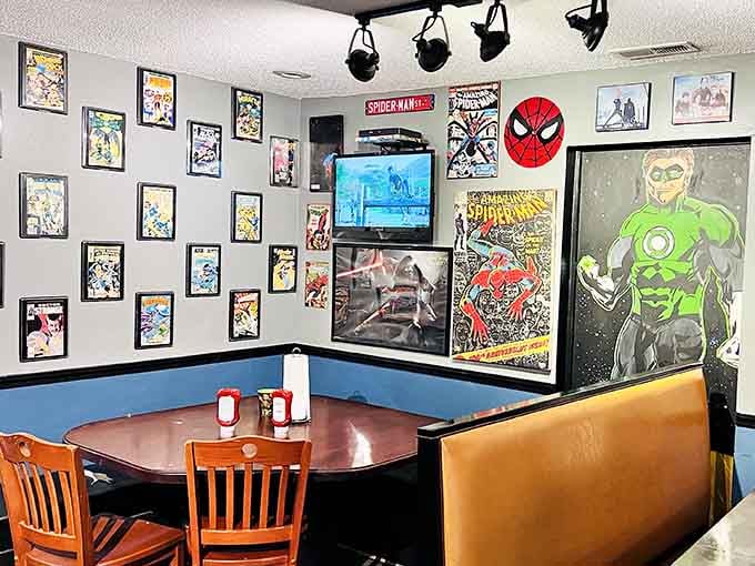 Booth seating surrounded by Spider-Man, Green Lantern, and friends makes every meal feel like a special occasion.