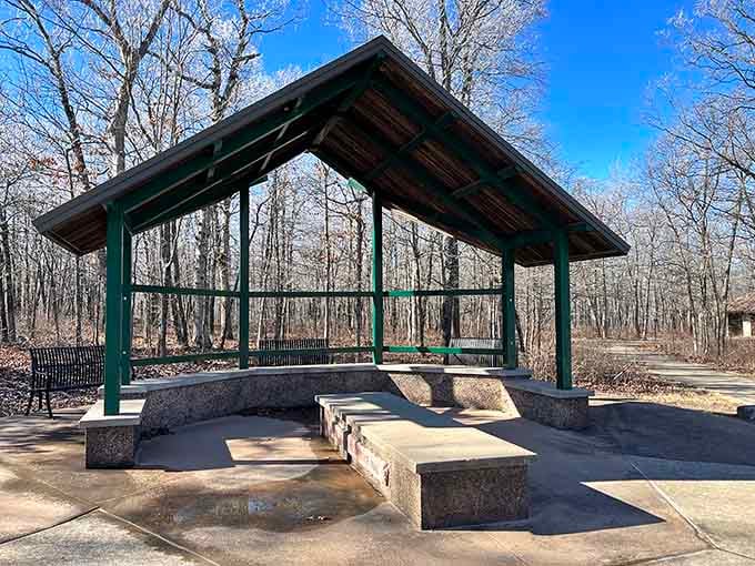 Covered shelters provide refuge from sudden weather changes, because Missouri skies are notoriously moody and unpredictable.