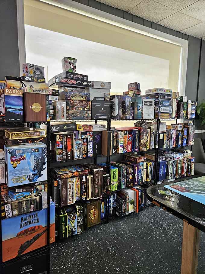 Shelves stacked with board games offering more entertainment options than a streaming service, and better for conversation.