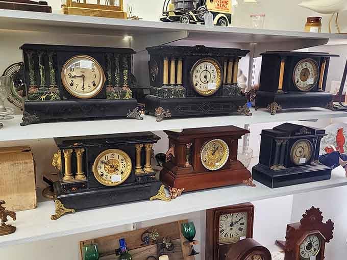 Antique mantel clocks lined up like a symphony of timepieces, each one ready to add elegance to your home.