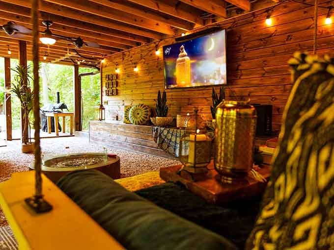 The lower level offers its own brand of magic, blending rustic charm with exotic sophistication perfectly.