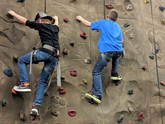 Rock climbing walls challenge visitors to scale heights using nothing but determination and those colorful handholds scattered across the surface.