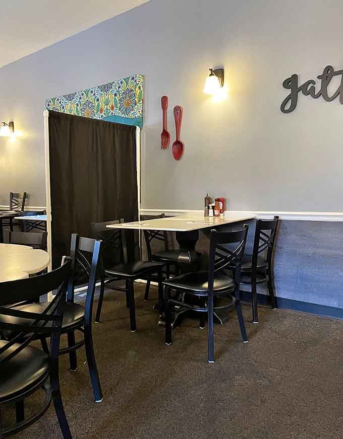 Cozy booths and cheerful decor that say "sit down, relax, and prepare for serious pancake business."