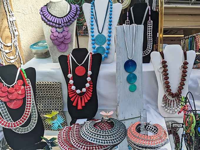 Statement necklaces displayed on busts, transforming simple outfits into bold fashion declarations with one strategic accessory choice.