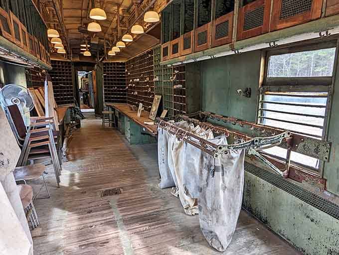 The Railway Post Office car sorted mail while rolling through the night, multitasking before it was trendy.