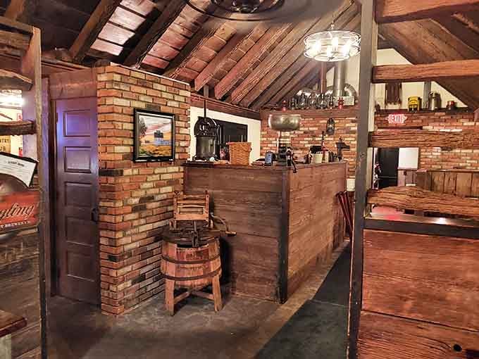 Rustic brick and wood create an atmosphere that whispers "relax, you're in good hands here."
