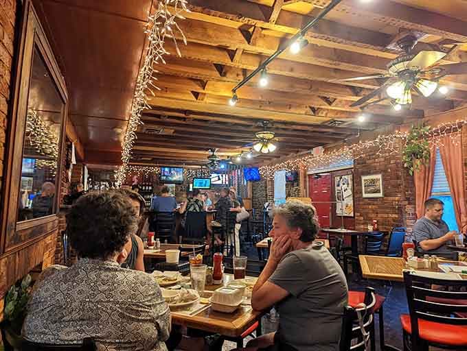 String lights overhead and cozy seating create the perfect backdrop for conversations that linger over good food.