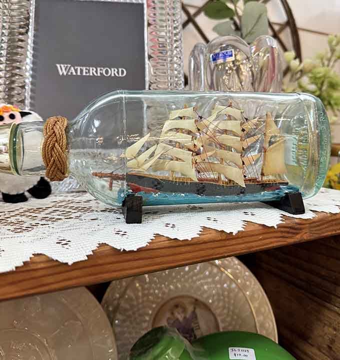 A ship in a bottle proves that even the quirkiest vintage finds get premium display treatment.