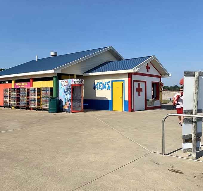 Bright bathhouse facilities keep things practical while maintaining the tropical theme, because even paradise needs proper restrooms.