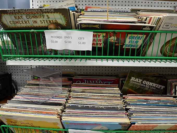 Vinyl records waiting to spin again, because everything old becomes new when you're hunting for Ray Conniff.