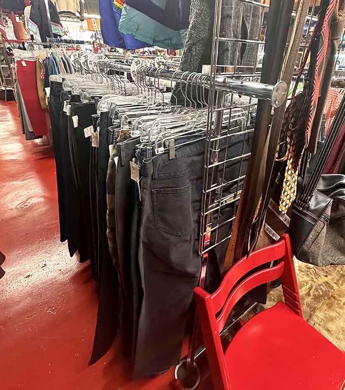 Denim and pants hang ready for their next adventure, proving quality clothing deserves multiple lifetimes of wear.