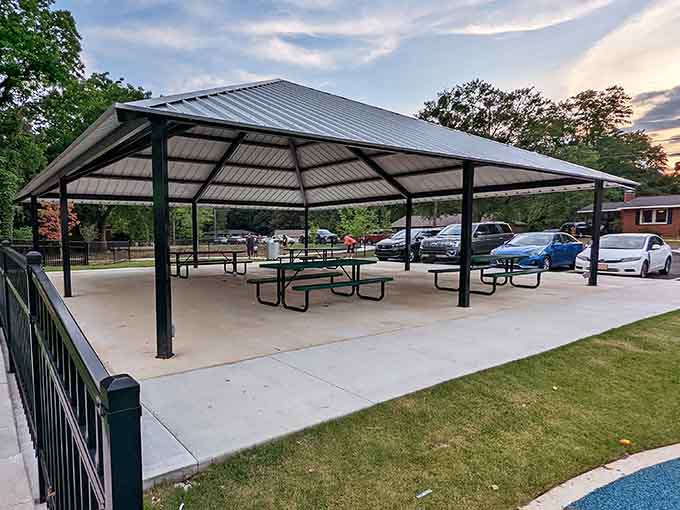 Covered pavilions provide shelter from Alabama sun and sudden rain, making all-day visits actually feasible.