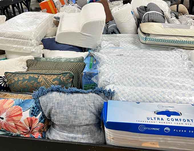 Bedding essentials stacked high because everyone deserves comfortable sleep regardless of their budget constraints.