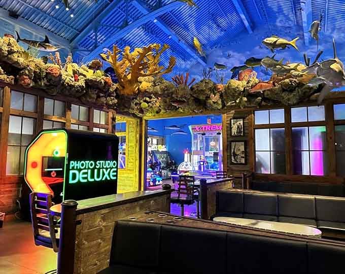 Coral reefs and arcade games coexist peacefully in this underwater wonderland that somehow makes perfect sense.