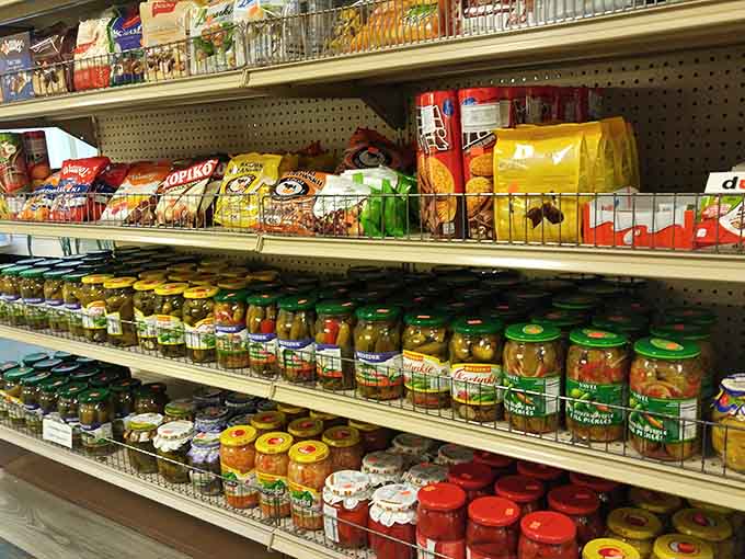 Imported Polish products line the shelves, from pickles to candies, creating a mini Warsaw grocery experience.
