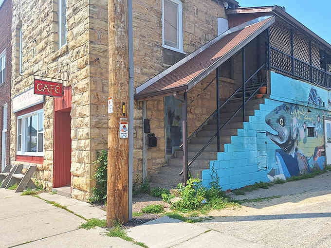 The Driftless Cafe's charming storefront and fish mural suggest breakfast here comes with character and local ingredients.