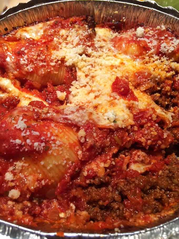 Stuffed shells swimming in rich meat sauce, this Italian classic belongs in a trattoria, not a gas station.
