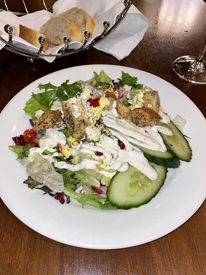 A proper house salad with fresh greens and all the fixings starts your meal on the right note.