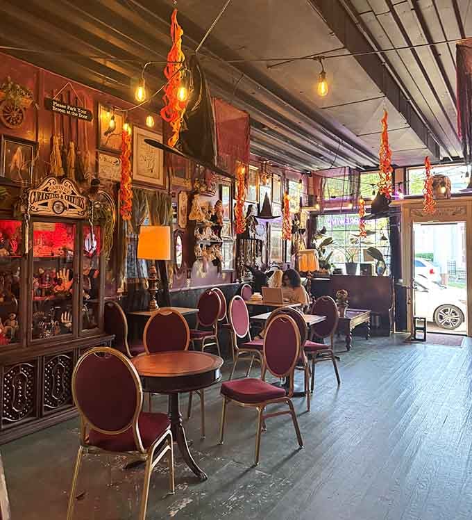 Warm Edison bulbs and eclectic seating invite you to settle in and forget the outside world exists.