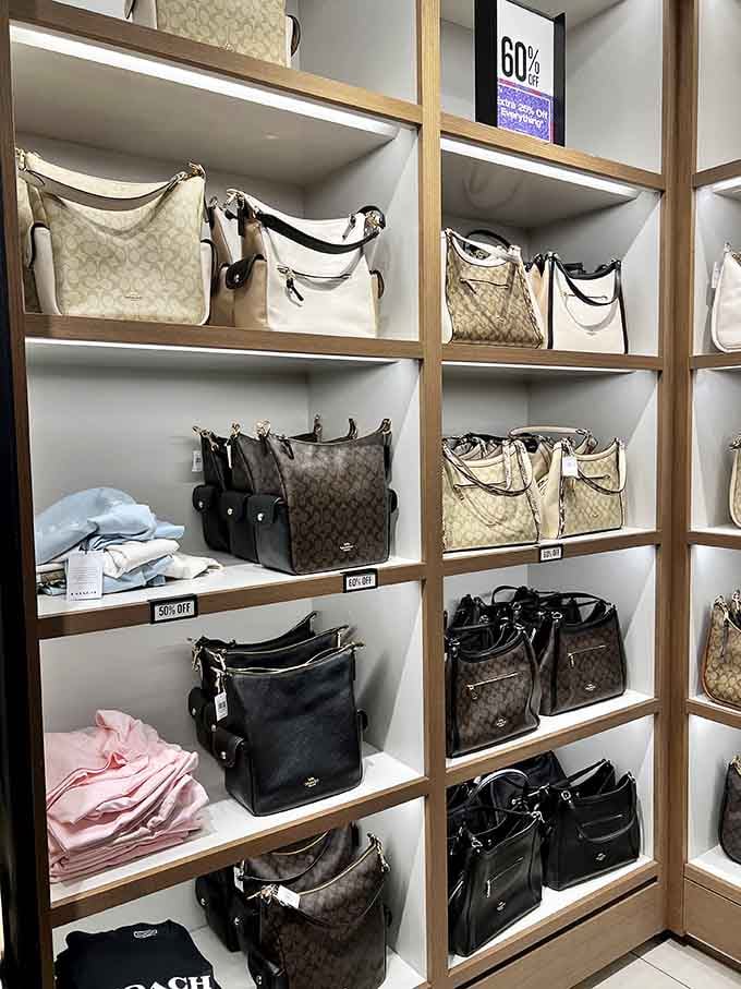 Coach handbags lined up like luxury soldiers, ready to march home with you at surprisingly reasonable prices.