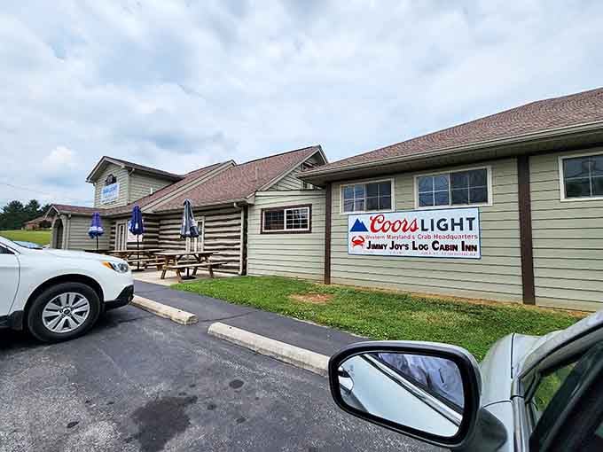 Those rustic log cabin walls bring mountain charm to the timeless pleasure of cracking Maryland blue crabs.