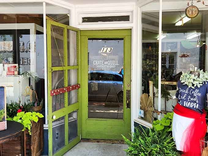 Crate and Quill's cheerful green door invites you into a world of vintage finds and local creativity.