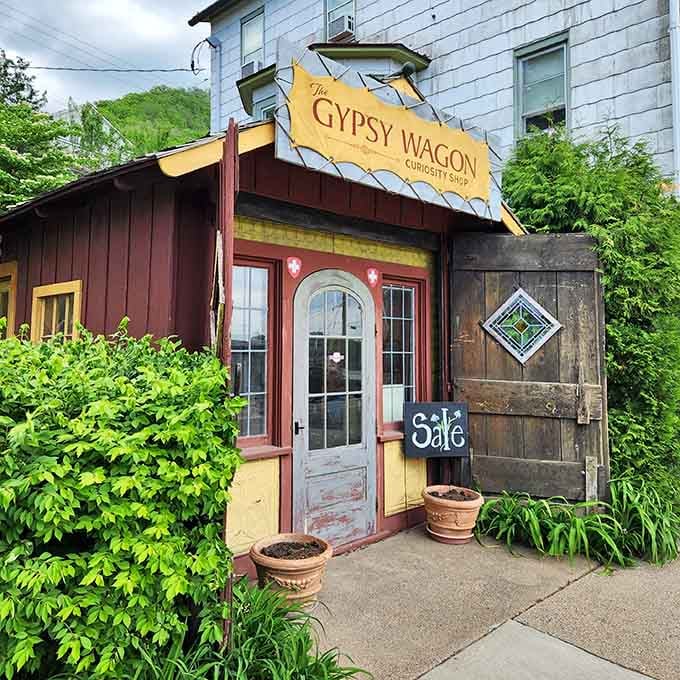 The Gypsy Wagon Curiosity Shop looks exactly like its name suggests, quirky treasures hiding behind that weathered door.