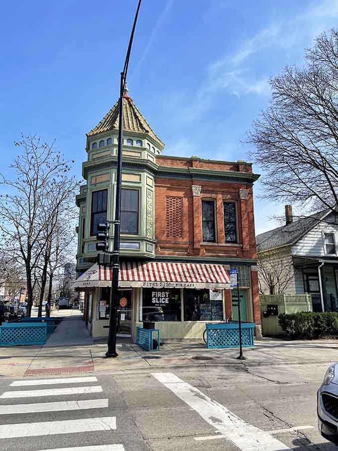 Quirky corner cafes occupy vintage buildings with turrets, because normal architecture is for normal neighborhoods apparently.