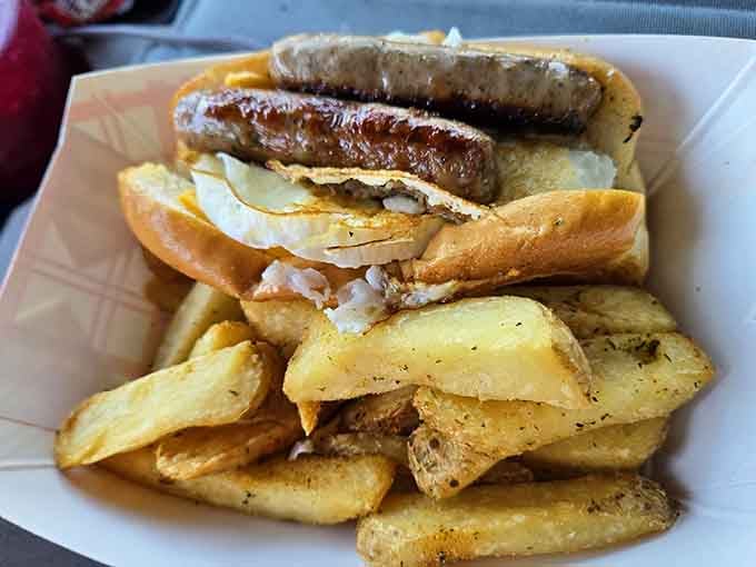 Breakfast gets the seafood treatment with hearty sausage options that prove morning lobster isn't your only choice here.