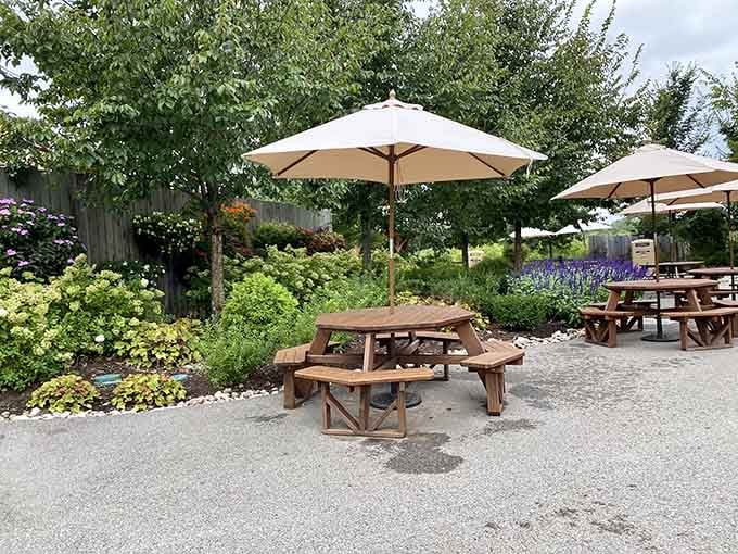 Shaded picnic tables offering the perfect spot to rest your feet and contemplate which animal you'd be in another life.