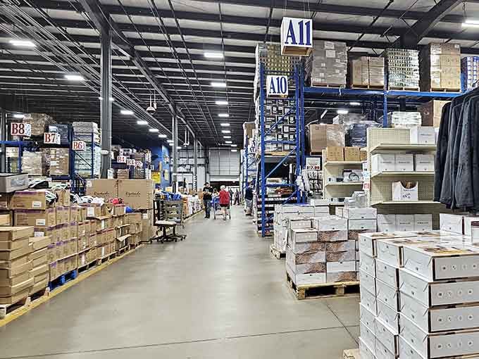Those towering blue shelves hold enough merchandise to stock a small country, organized with warehouse efficiency that actually works.