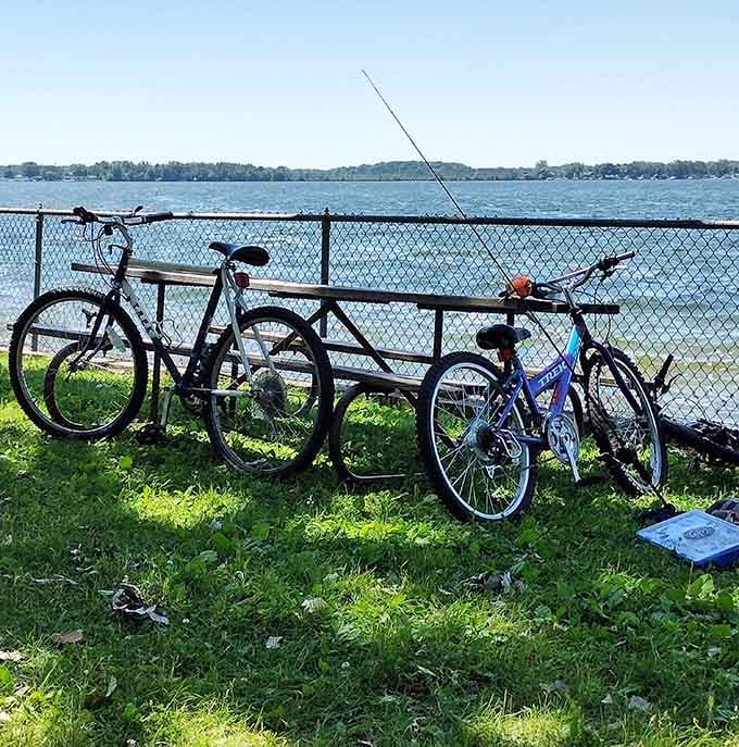 Bikes parked by the water signal a perfect day: ride, swim, fish, repeat until thoroughly relaxed and happy.