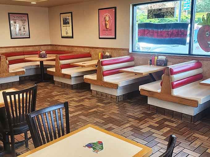 Booth seating that's witnessed countless conversations, first dates, and family meals over the decades of service.