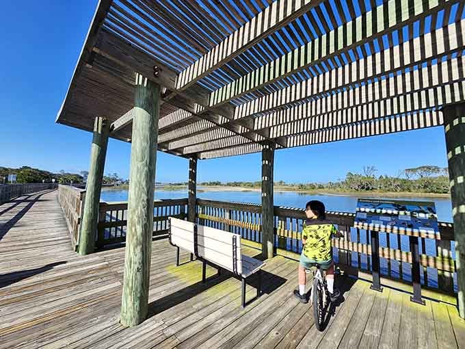 This covered observation deck offers front-row seats to nature's daily show over the marshlands and waterways.