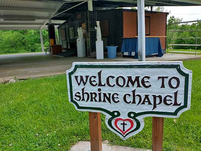 The Shrine Chapel welcomes everyone with open arms and that charming handcrafted sign that says "come on in."