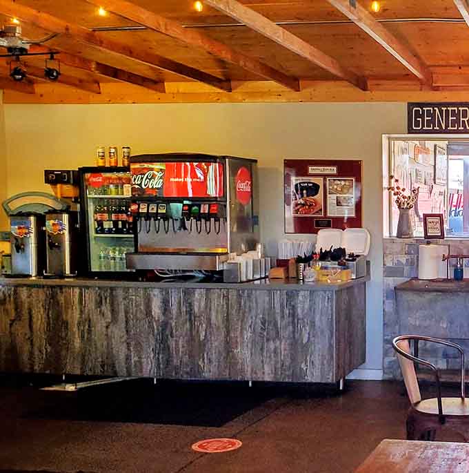 The beverage station stands ready with cold drinks to complement all that smoky, spicy, perfectly seasoned meat you're about to devour.