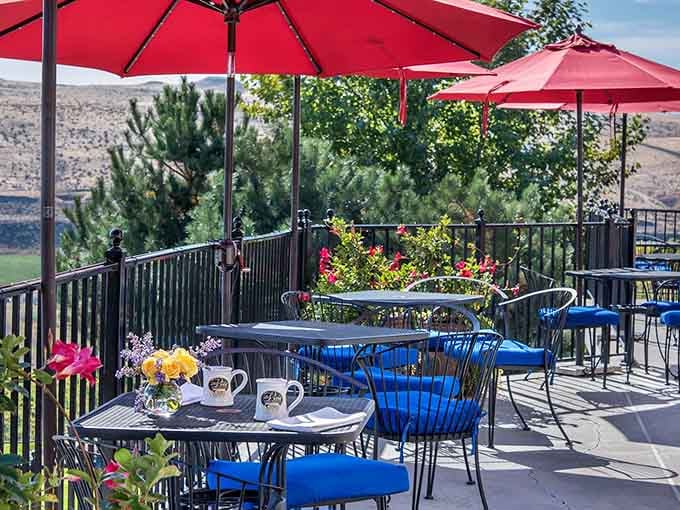 Outdoor seating with vineyard views where you can sip wine while contemplating life's better moments peacefully.
