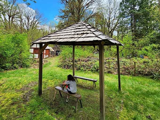 Covered pavilions provide gathering spaces where medieval community life unfolds throughout the seasons without modern distractions.