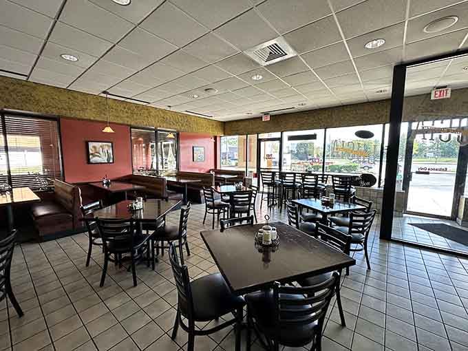 Comfortable seating fills the dining room where families gather, friends reconnect, and everyone leaves happily stuffed together.