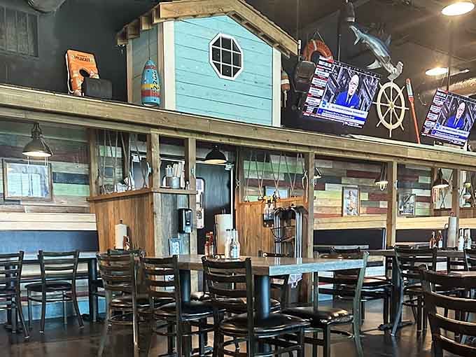 Rustic wood, playful decor, and seating that invites you to settle in for a proper seafood feast.