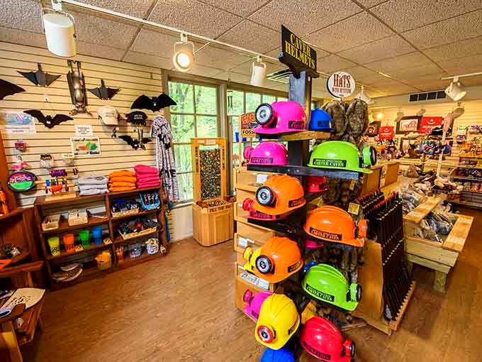 The gift shop offers colorful hard hats because apparently looking stylish while spelunking is totally a thing now.