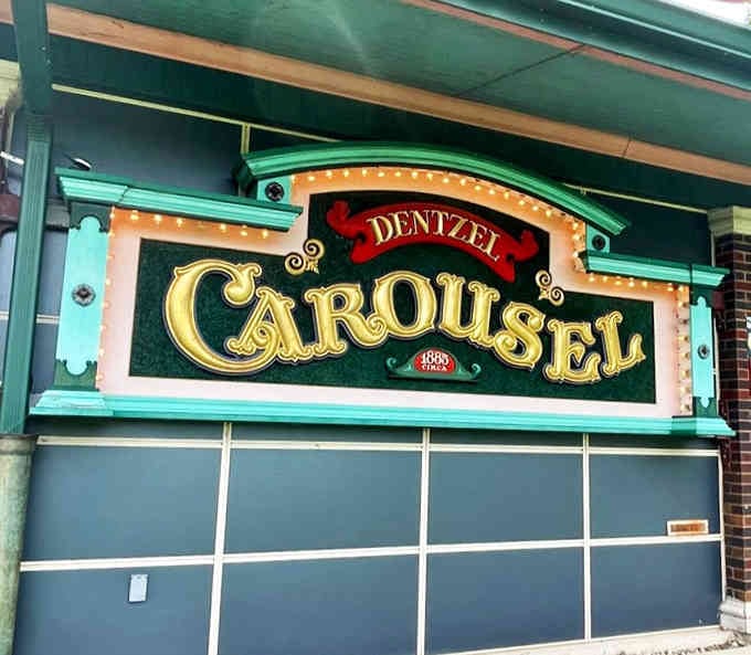 The ornate Dentzel Carousel sign welcomes visitors to one of America's most treasured mechanical antiques still in operation.