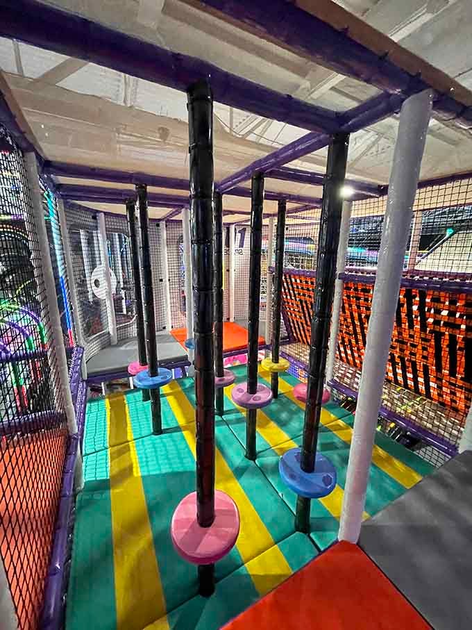 Hop from disc to disc like you're crossing a river, except falling here just means giggles instead of wet socks.