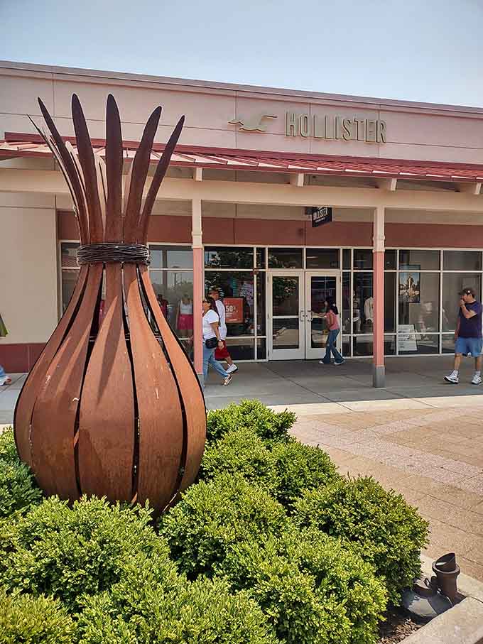 Casual California vibes transported to Illinois, complete with sculptural art and laid-back shopping atmosphere.