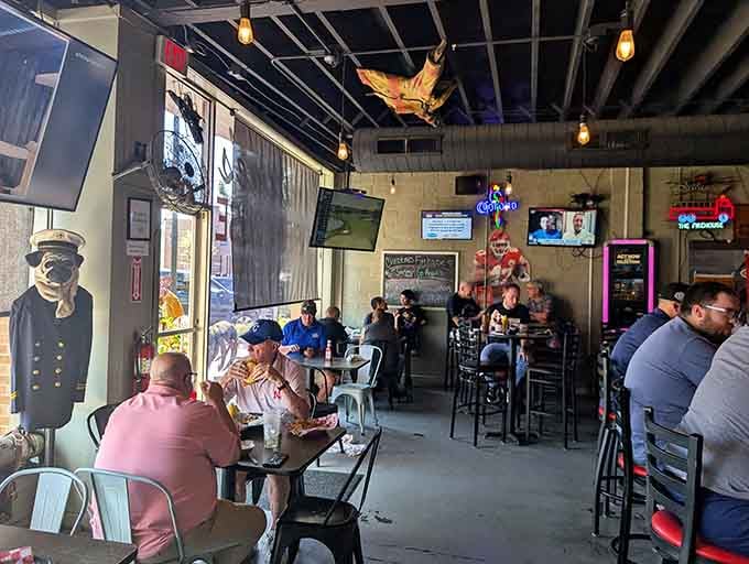 Happy diners in their natural habitat, surrounded by good food and the ghosts of firefighters past.