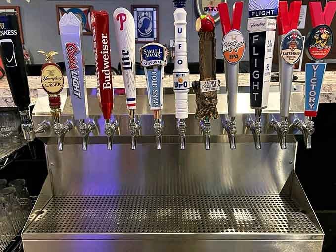 A rainbow of beer taps featuring everything from Budweiser to craft brews means everyone finds their perfect pour.