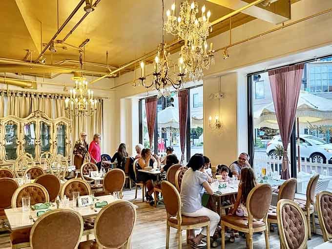 Those tufted chairs and chandeliers create an atmosphere fancy enough for celebration, casual enough for spontaneous Tuesday brunch.