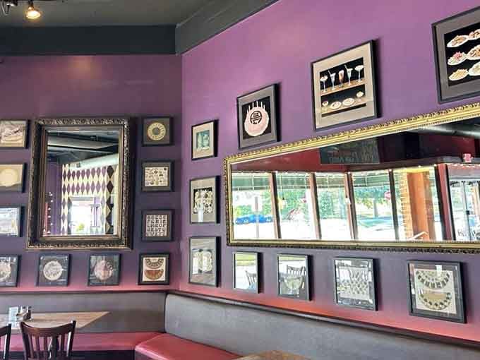 Framed artwork adorning lavender walls adds character without trying too hard to impress anyone passing by.