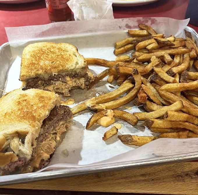 The patty melt with fries: comfort food that hugs you from the inside out, one bite at time.
